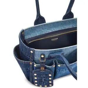 GANNI Denim Top Handle Bag With Studded Details