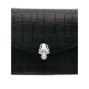 Alexander McQueen Croc Effect Leather Shoulder Bag With Silver-tone Skull Plaque