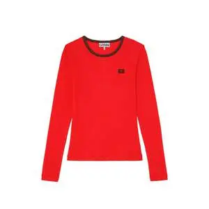 GANNI Organic Cotton Long Sleeve Crewneck Top - Red