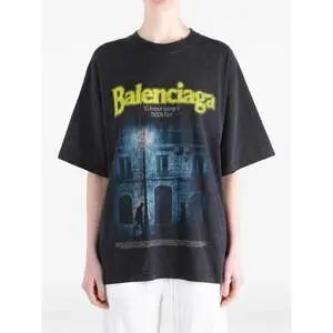 Balenciaga Washed Effect Graphic Print Cotton T-shirt