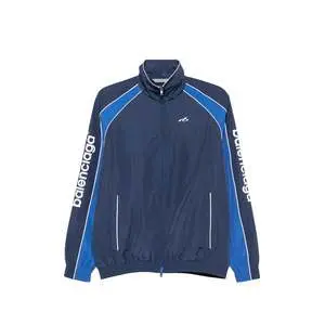 Balenciaga Paneled Logo Print Zip Up Jacket - Blue