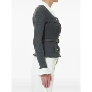 SELF-PORTRAIT Ribbed Knit Cardigan With Shawl Lapels And Belt - Gray