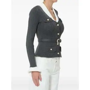 SELF-PORTRAIT Ribbed Knit Cardigan With Shawl Lapels And Belt - Gray