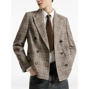 Brunello Cucinelli Wool Alpaca Blend Plaid Double-breasted Blazer - Brown
