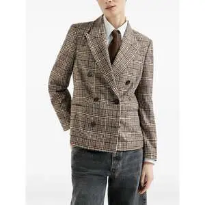 Brunello Cucinelli Wool Alpaca Blend Plaid Double-breasted Blazer - Brown