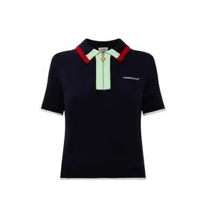 Casablanca Merino Wool Zip Polo Top With Embroidered Logo - Blue