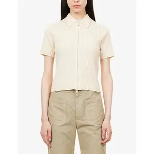 Victoria Beckham Ribbed Knit Short Sleeve Polo Top
