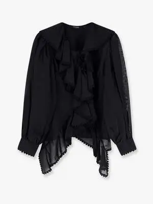 ACTUALEE ACTUALEE Ruffled V-Neck Shirt With Embroidered Trim Black