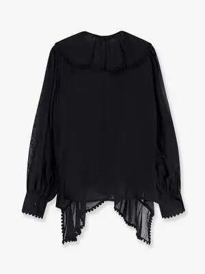 ACTUALEE Ruffled V-neck Shirt With Embroidered Trim - Black