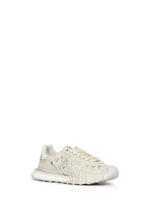 Dolce & Gabbana Beige And Chalk Lace And Calf Suede Low-top Sneakers