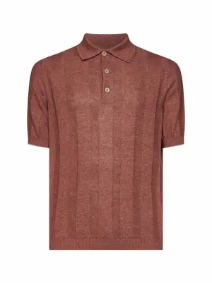 Brunello Cucinelli Terracotta Wide Ribbed Linen And Cotton Knit Polo Shirt - Multicolor