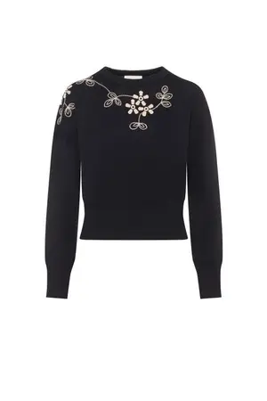 VERSATILE Embroidered Floral Front Knit Sweater - Black