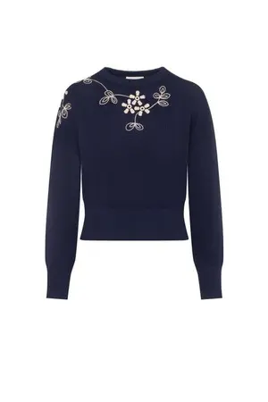 VERSATILE Embroidered Floral Front Knit Sweater - Navy