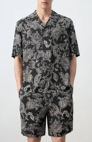 Mango Floral Print Camp Shirt - Black