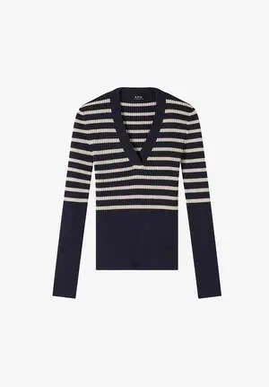 A.p.c. V-neck Striped Ribbed Sweater - Navy Blue/ecru