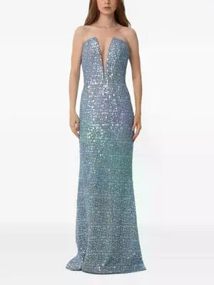 DINA MELWANI Crystal Embellished Mesh Maxi Dress - Blue