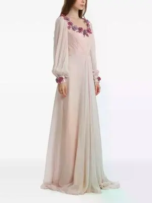 DINA MELWANI Silk Maxi Dress With Floral Embellishments