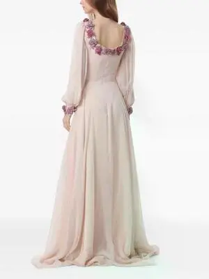 DINA MELWANI Silk Maxi Dress With Floral Embellishments