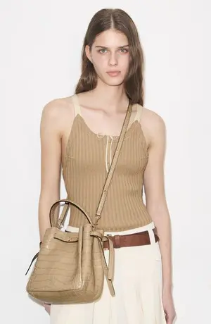 Tory Burch Romy Croc Embossed Leather Bucket Bag - Ginger Leaf