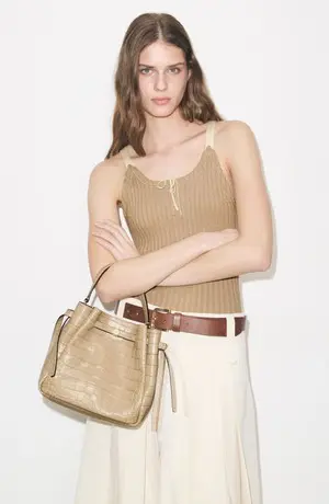 Tory Burch Romy Croc Embossed Leather Bucket Bag - Ginger Leaf