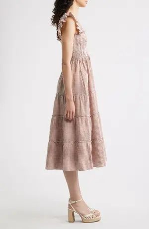 Hill House Home The Ellie Smocked Waist Midi Dress - Rust Gingham