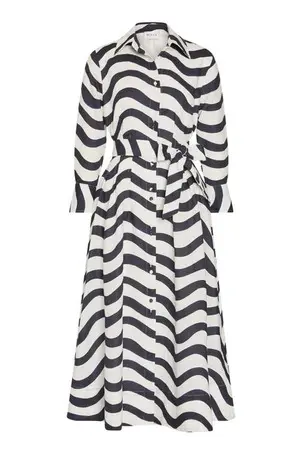 MILLY Lexi Stripe Tie Waist Long Sleeve Midi Shirtdress