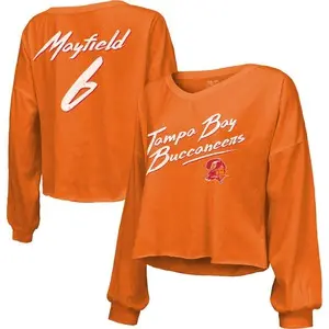 MAJESTIC THREADS Baker Mayfield Tampa Bay Buccaneers Off-shoulder Script Name & Number V-neck T-shirt - Orange