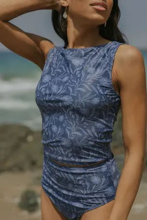 Geode Swimwear Cobalt High Neck Floral Print Tankini Top