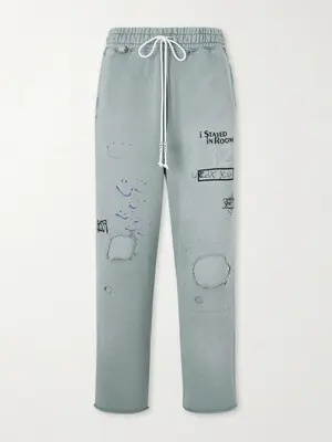 PALY HOLLYWOOD Alta Cienega Distressed Embellished Cotton-fleece Sweatpants - Blue