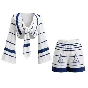 Loveist Store Nautical Stripe Co-ord Set With Bell Sleeves And Sailboat Print Shorts