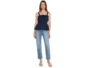 Vince Camuto Shirred Strappy Tank With Ruffle Neck - Navy