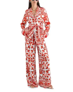 Dolce & Gabbana Majolica Print Silk Wide Leg Trousers