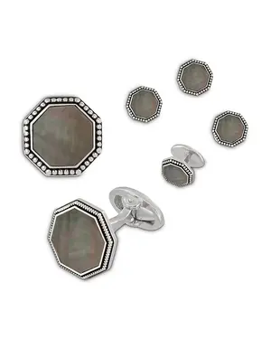 JAN LESLIE Octagon Grey Mother-of-pearl Antique Border Cufflink & Tuxedo Stud Set - Gray
