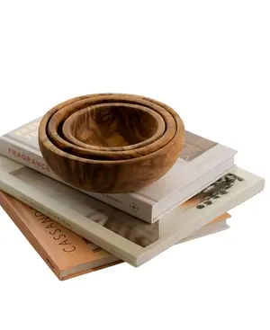 GHARYAN STONEWARE Olive Wood Nesting Bowls, Set Of 3