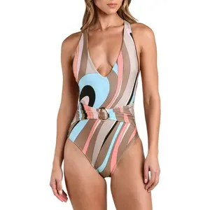 L'Agence Lisa Abstract Swirl Plunge One-piece Swimsuit - Brown Multi