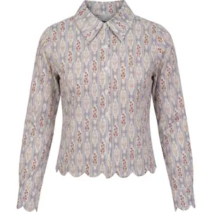 NONI Striped Button Front Scalloped Hem Blouse - Blue