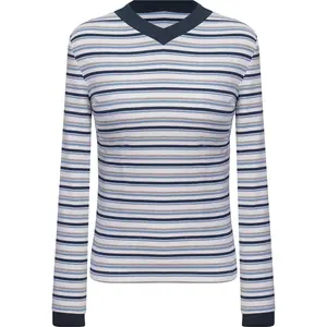 POSITIVE Striped V-neck Contrast Top - Light Denim