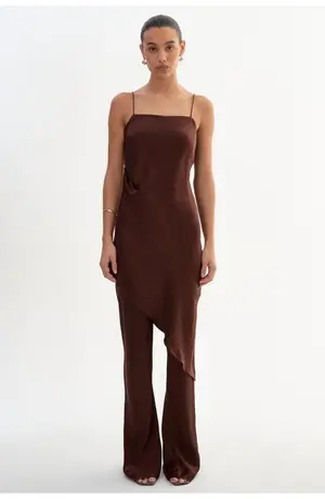 LAMARQUE Ashley Asymmetrical Satin Cami Dress - Brown