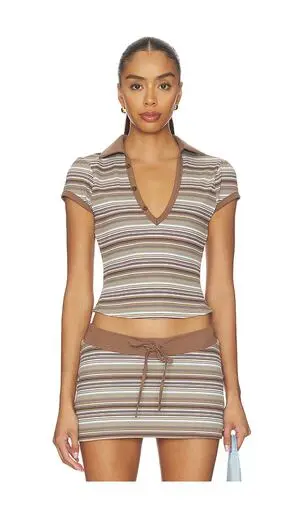 TIGER MIST Striped Cropped Polo Shirt - Brown