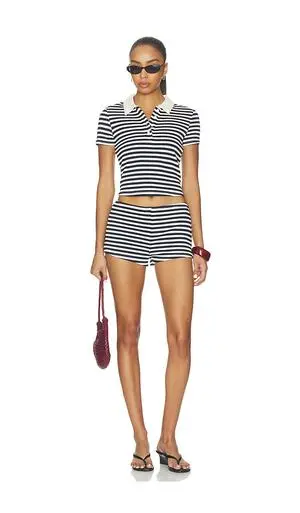 Superdown Striped Ribbed Knit Polo Top And Shorts Set - Navy