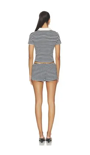 Superdown Striped Ribbed Knit Polo Top And Shorts Set