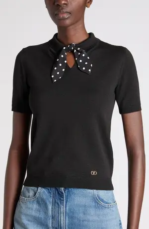 Valentino Garavani Short Sleeve Wool Blend Sweater With Polka Dot Silk Pussybow - Black