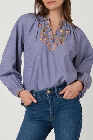 Shoshanna Embroidered Pinstripe Amber Top - Lapis Multi
