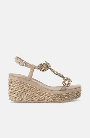 ALMA EN PENA Embellished Wedge Sandals With Rhinestone Straps - Brown