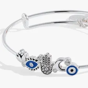 ALEX AND ANI Protection Expandable Wire Bangle With Hamsa Hand, Moon, And Evil Eye Motifs
