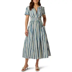 Adrianna Papell Stripe Smocked Waist Midi Dress - Ecru/navy