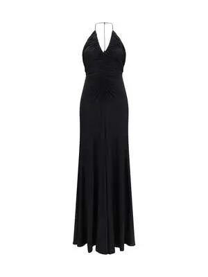 SELF-PORTRAIT Jersey Long Dress With Gathered Halterneck And Spaghetti Straps