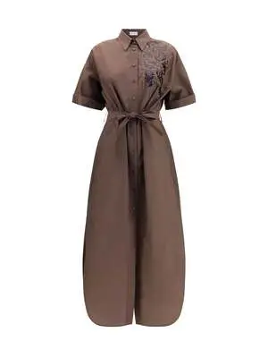 Brunello Cucinelli Sequined Shirt Dress With Belt - Brown