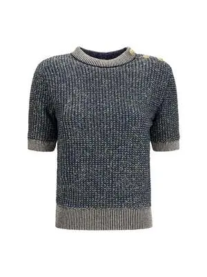 Balmain Short-sleeve Sequined Sweater With Buttons - Blue