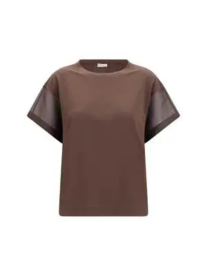 Brunello Cucinelli Cotton T-shirt With Sheer Sleeves - Brown